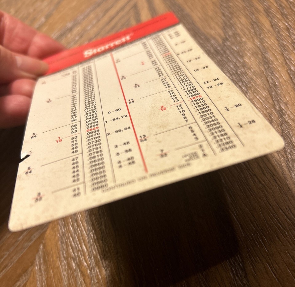 1 Vintage STARRETT Tap Drill Size Decimal Equivalents Pocket Card Chart ...
