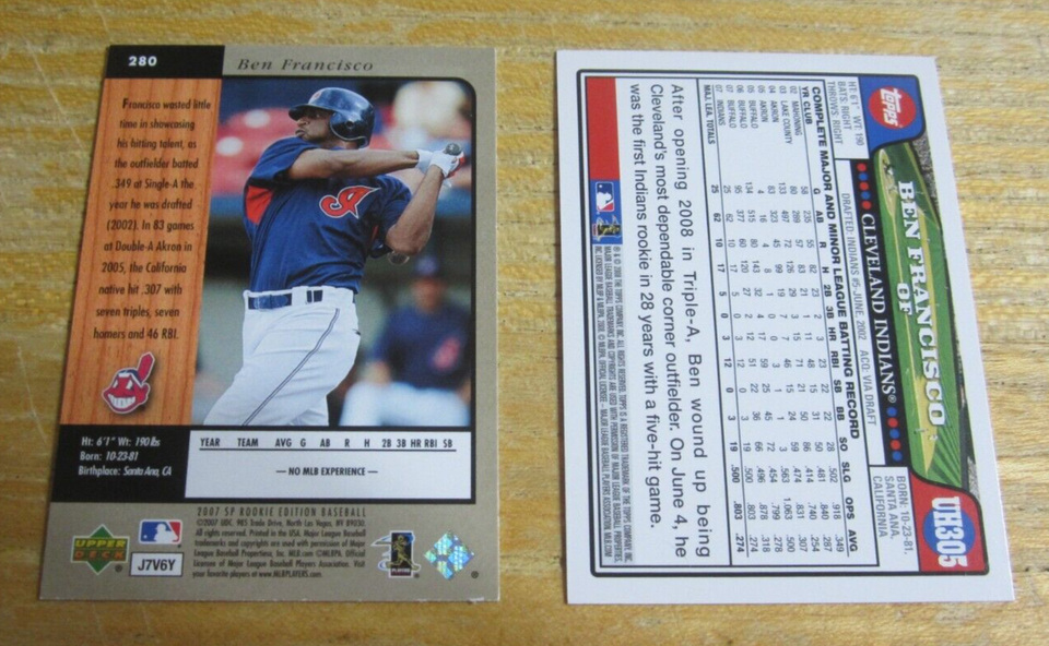 Ben Francisco Lot of 2 DIFFERENT Trading Cards MLB Baseball Cleveland ...