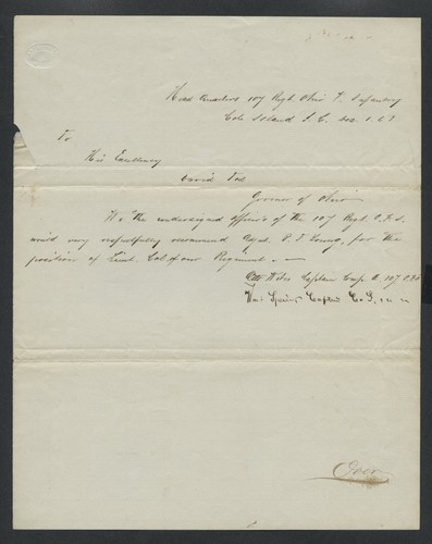 0555----1863 Capt PF Young Civil War promotion letter to Gov Tod 107th ...