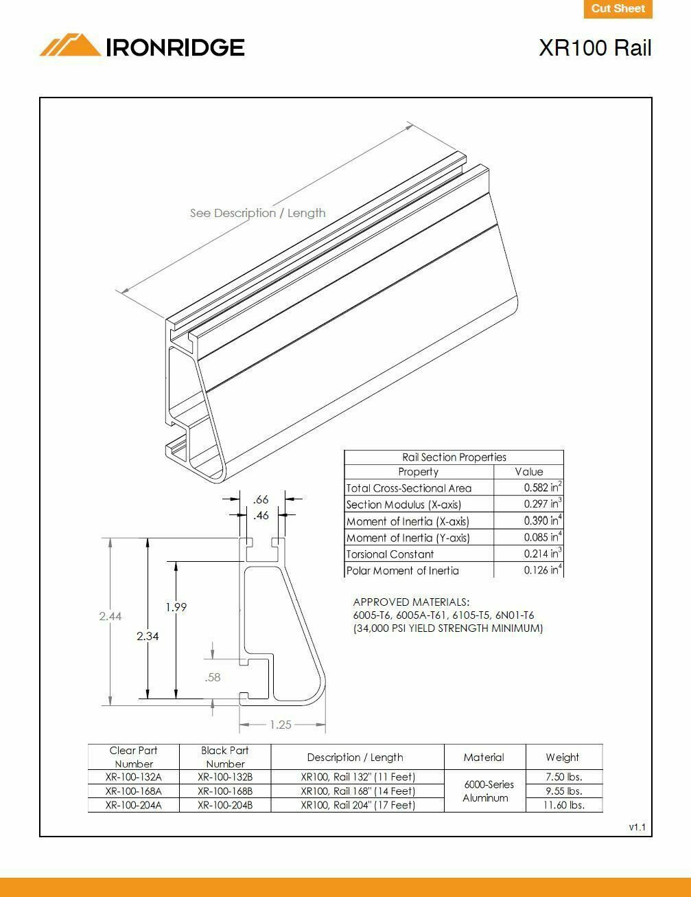 IronRidge XR-100-168A Solar Rail XR100Clear / PRE-CUT INTO TWO HALVES ...
