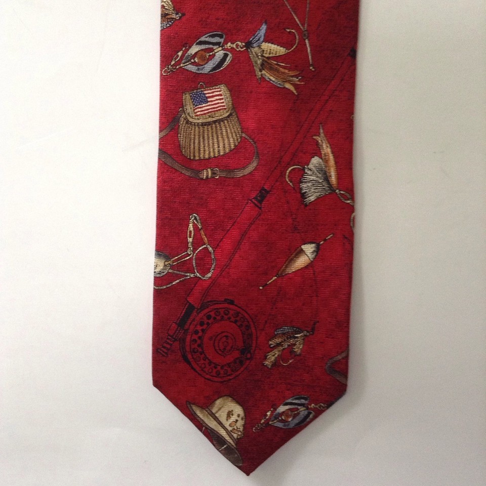 Cintas Fishing Themed Silk Men's Neck Tie Red Lures Rod and Reel Fish ...