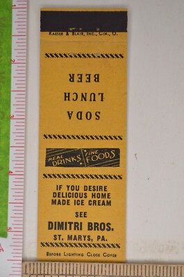 Vintage Matchbook Cover Dimitri Bros Ice Cream St Mary's PA Restaurant ...