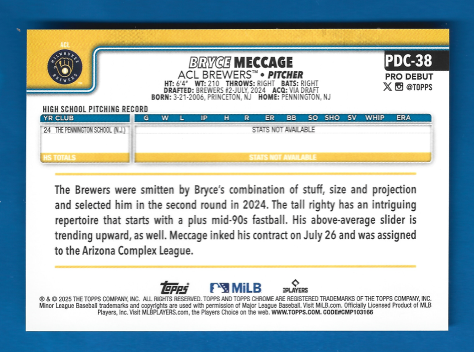 2025 Topps Pro Debut Chrome Bryce Meccage Red Mini Diamond Refractor #1 ...