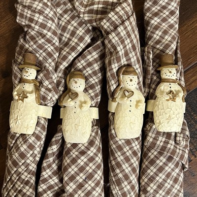 Flurryville Set of 4 - Rustic Snowman Napkin Rings + Brown Plaid ...