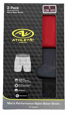 ATHLETIC WORKS MENS NYLON PERFORMANCE BOXER BRIEFS 3 PAIR SIZE SMALL 9 ...