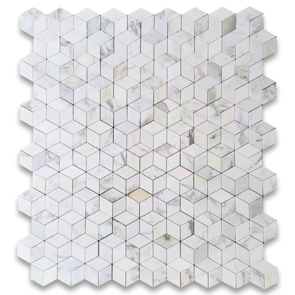 G34KXH Calacatta Gold Marble Illusion 3D Cube Rhombus Diamond Hex Tile ...
