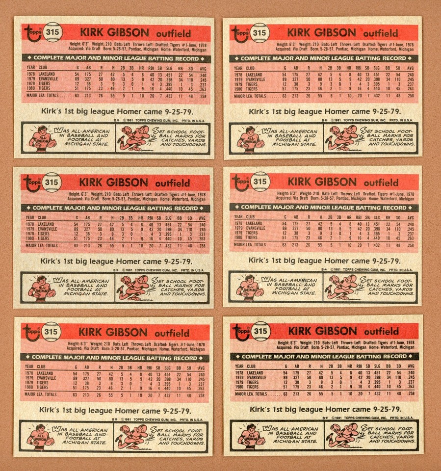 Lot of 6: 1981 Topps KIRK GIBSON Rookie Cards #315 ~ NM+ ~ Tigers ...