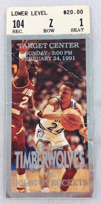 NBA 1991 02/24 Houston Rockets at Minnesota Timberwolves Season Ticket ...