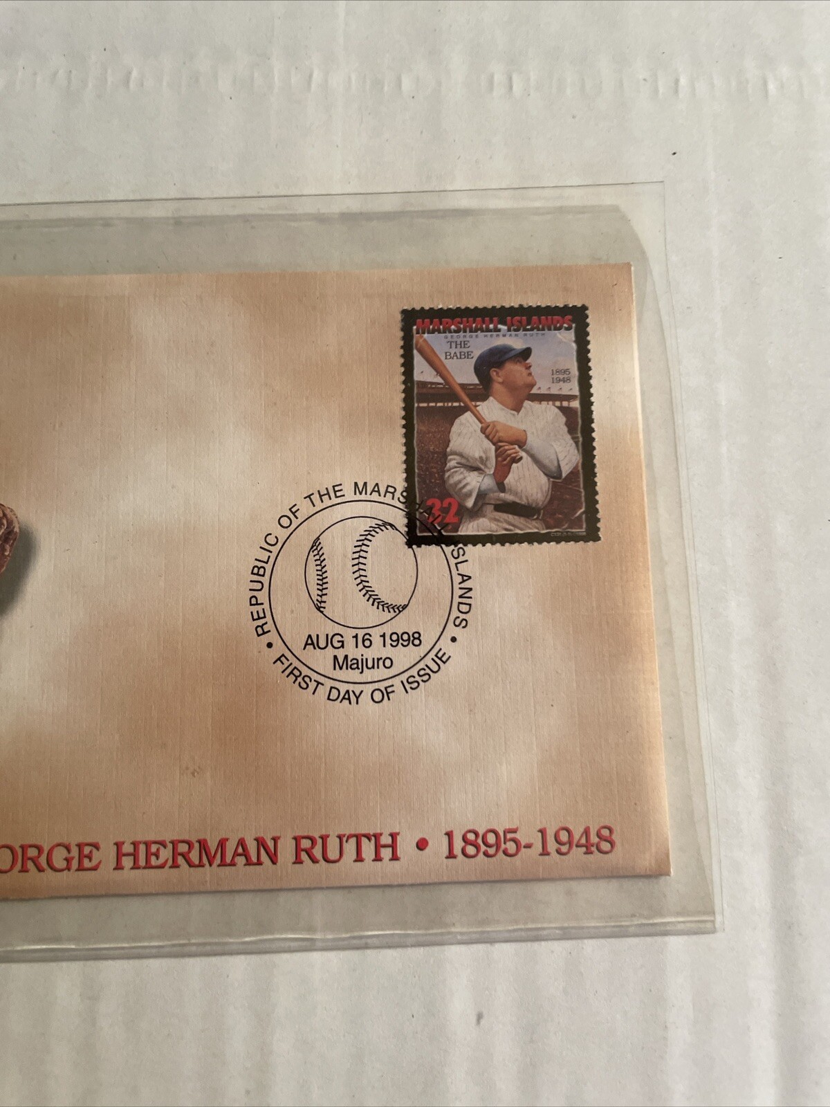 1998 Babe Ruth first day cover $10 brass coin/1st edt 32 c Marshall ...