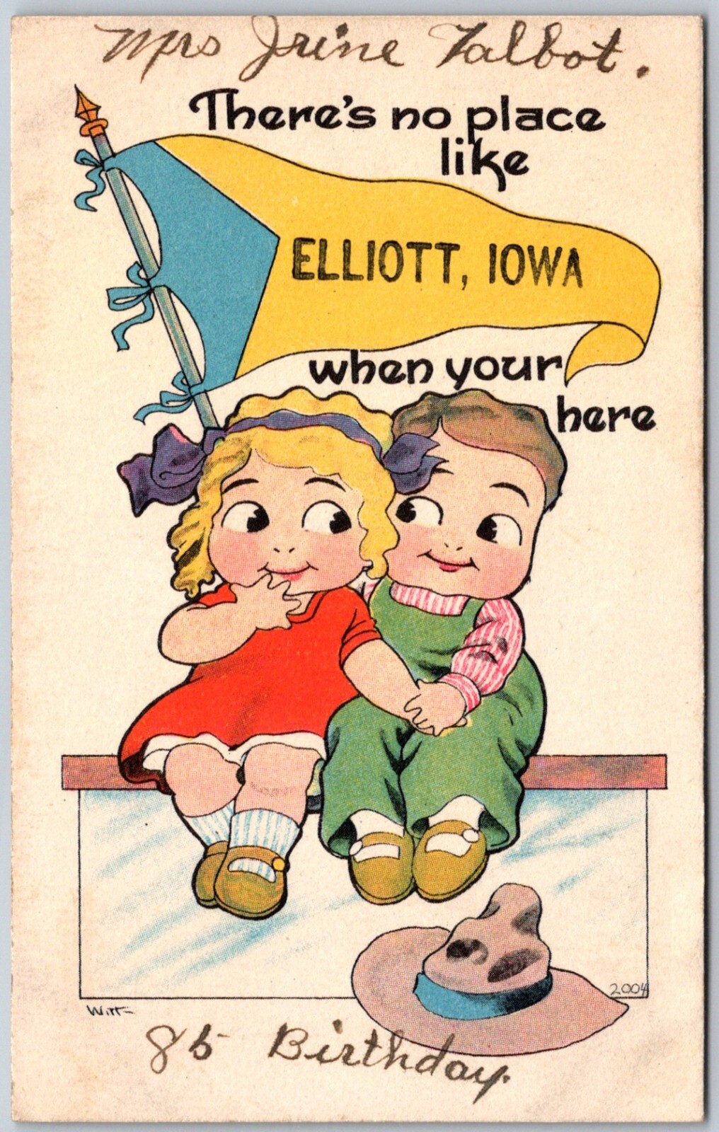 Postcard IA Elliott Iowa Greetings Boy Girl Pennant Witt IA01 | eBay