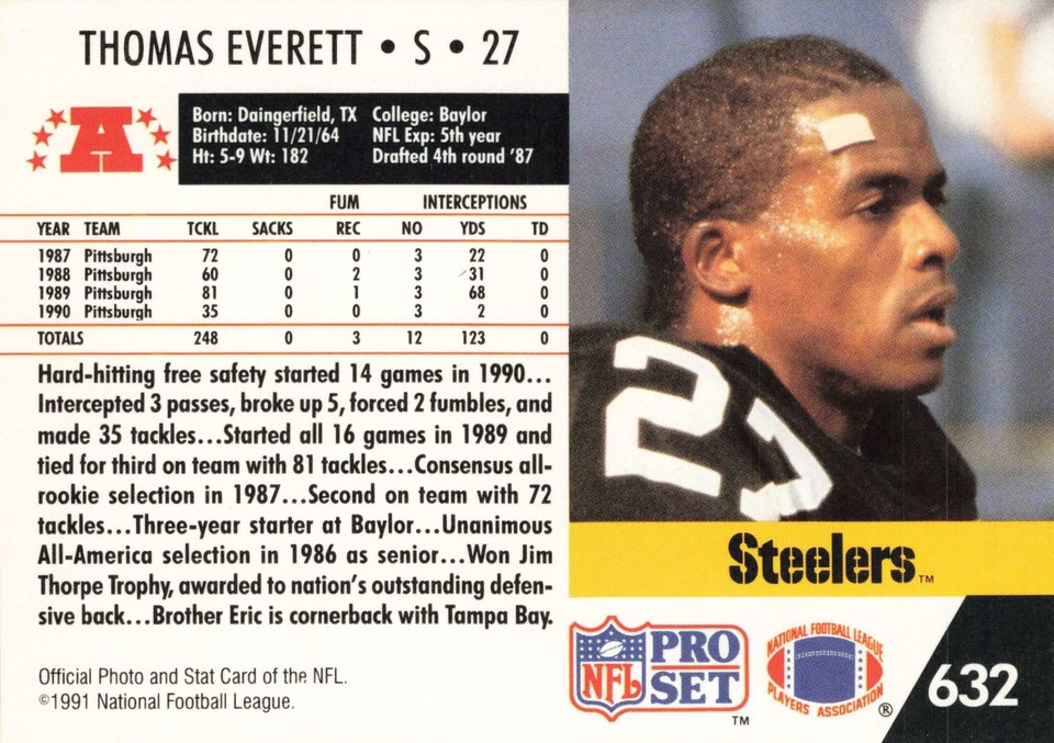 Thomas Everett #632 1991 Pro Set Pittsburgh Steelers | eBay