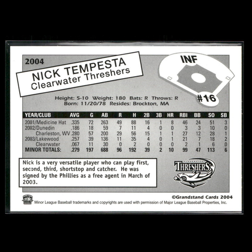 Nick Tempesta 2004 Clearwater Threshers Team Set Baseball Card MLB NM ...