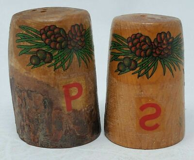 Vintage Wooden Primitive Tree Bark Pine Cone Picture Salt and Pepper ...