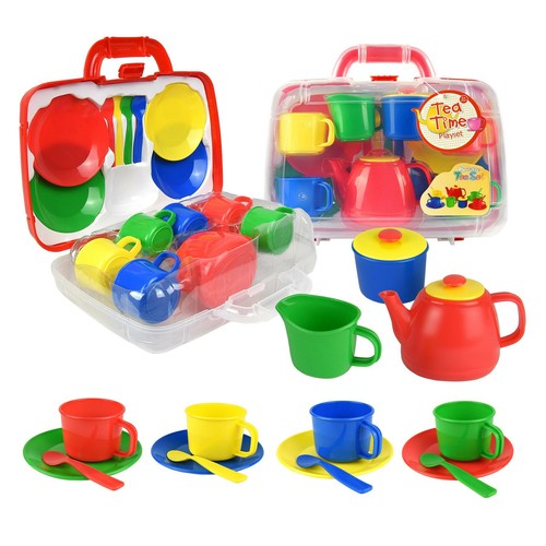 Vinsani Kids 15 Piece Red Portable Plastic Tea Set with Carry Case for ...