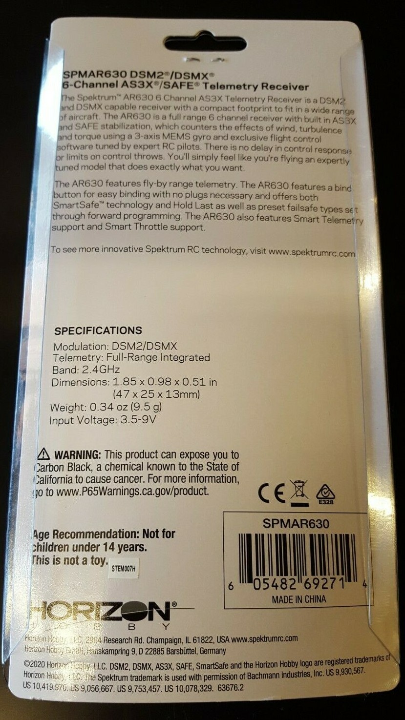 Spektrum AR 630+ with built in AS3X & SAFE Gyro 6 Channel Receiver (SPM ...