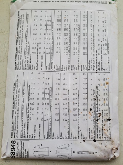 SIMPLICITY #8948 MISSES SIZES 6-8-10-12-14 BLOUSES with Cummerbunds ...