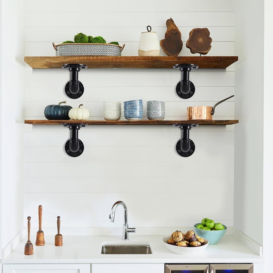 L-Shaped Industrial Pipe Shelf Brackets, Black Metal Wall-Mounted F ...
