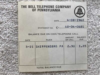 1968 Bell Telephone of Pennsylvania Bill Receipt Long Distance ...