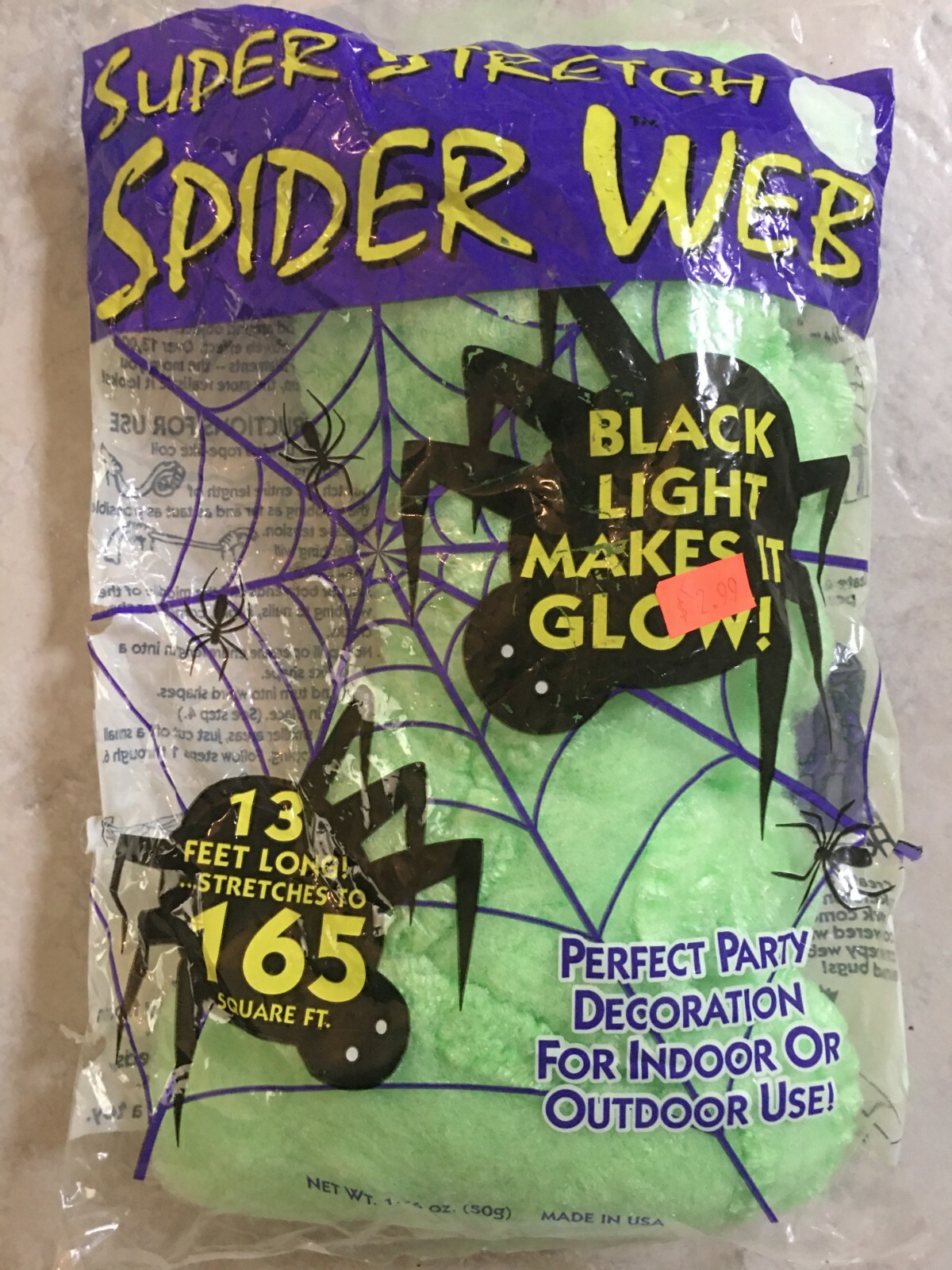 Fun World Super Stretch Spider Web Decoration, Green, Glows in Black ...
