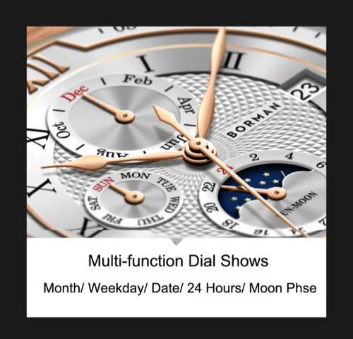 BORMAN Men's 40mm Luxury Wristwatch MoonPhase Calendar Watch BM3868 ...