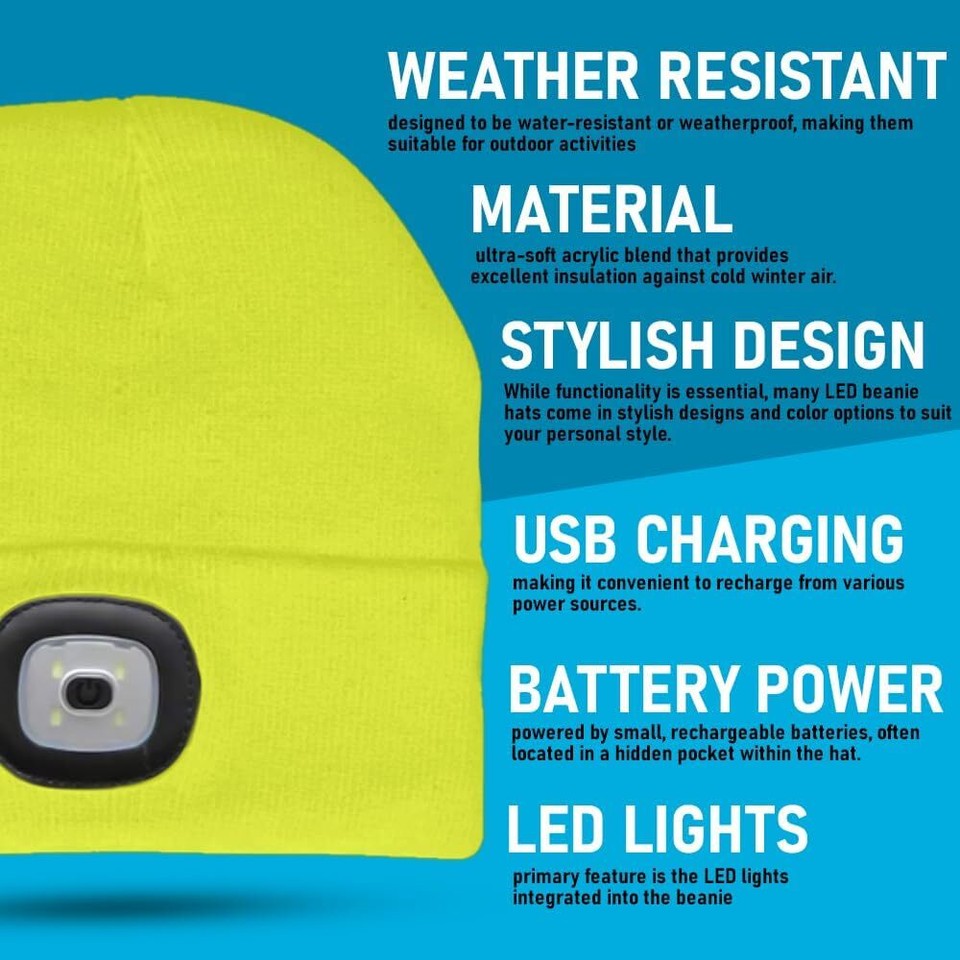 Knitted Wooly Beanie Hat With LED Light Unisex Warm High Powered Head ...