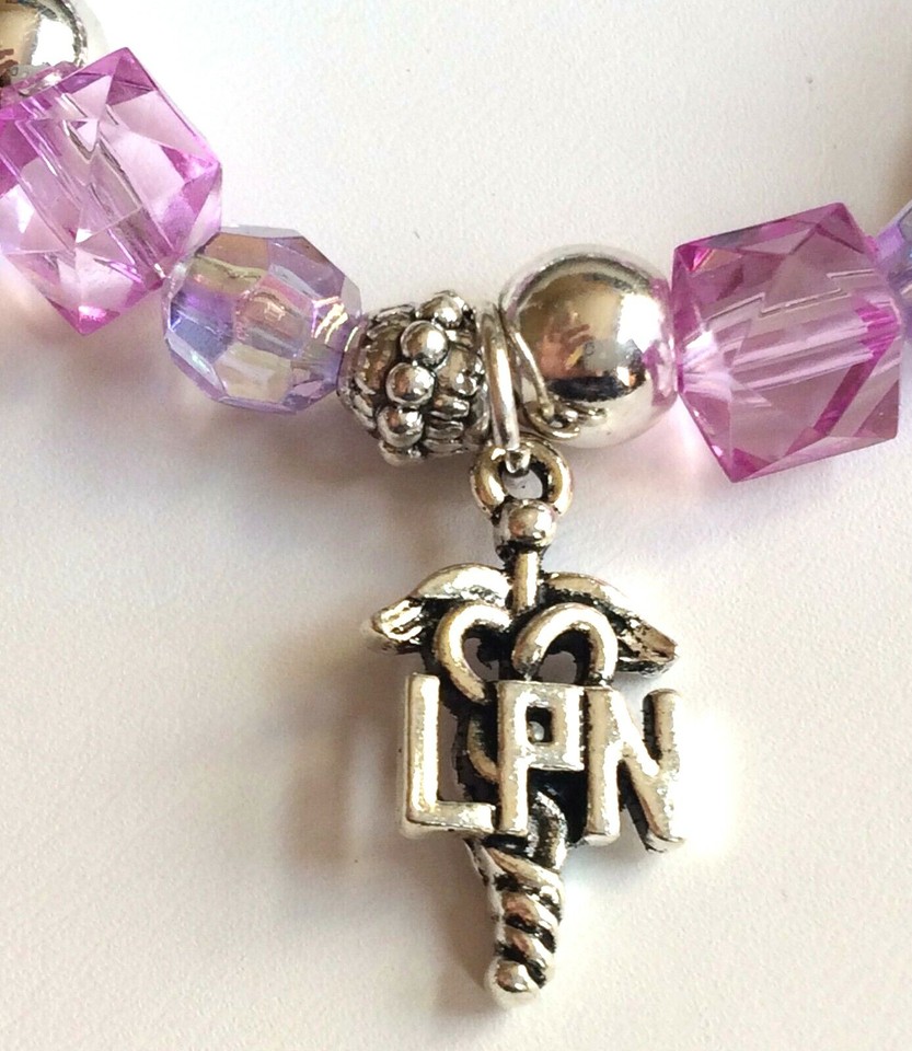 LPN Nursing Caduceus Charm Bracelet #1 Nurse Graduation Gift Pink Beads ...
