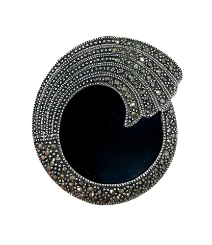 Signed FAS 925 Sterling Silver Marcasite and Onyx Brooch Pin Vintage ...