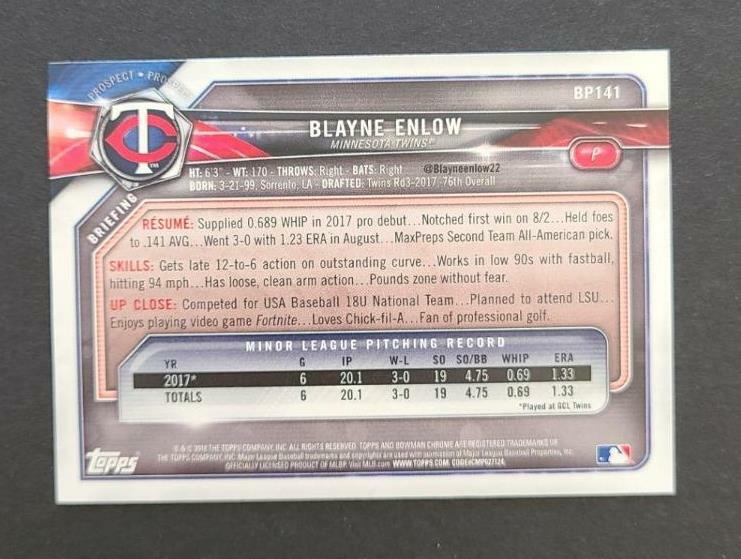 2018 Bowman Prospects #BP141 Blayne Enlow Rc Rookie Twins | eBay