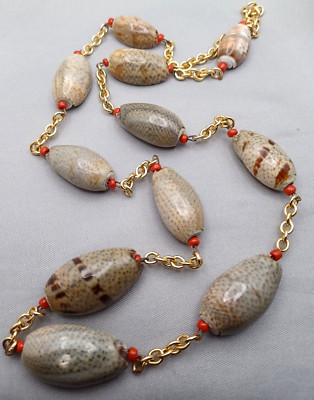 Sea Shell Station Necklace Gold Tone Red Beads Olive Shell No Clasp 28 ...