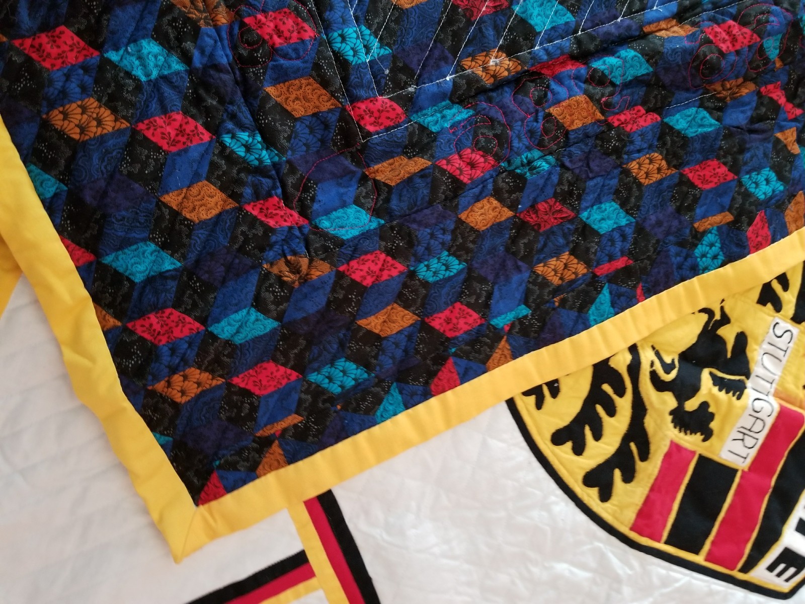 Porsche Emblem handmade quilt, car numbers along border, black, red ...