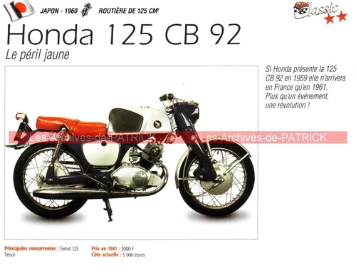 HONDA 125 CB 92 ( CB92 ) 1960 Fiche Moto 000179 | eBay