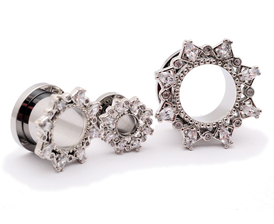 Pair of Fancy 316L Stainless Steel Plugs gauges flower dangle tunnels ...