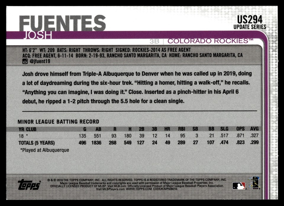 2019 Topps Update Josh Fuentes US294 Colorado Rockies Rookie RC ...