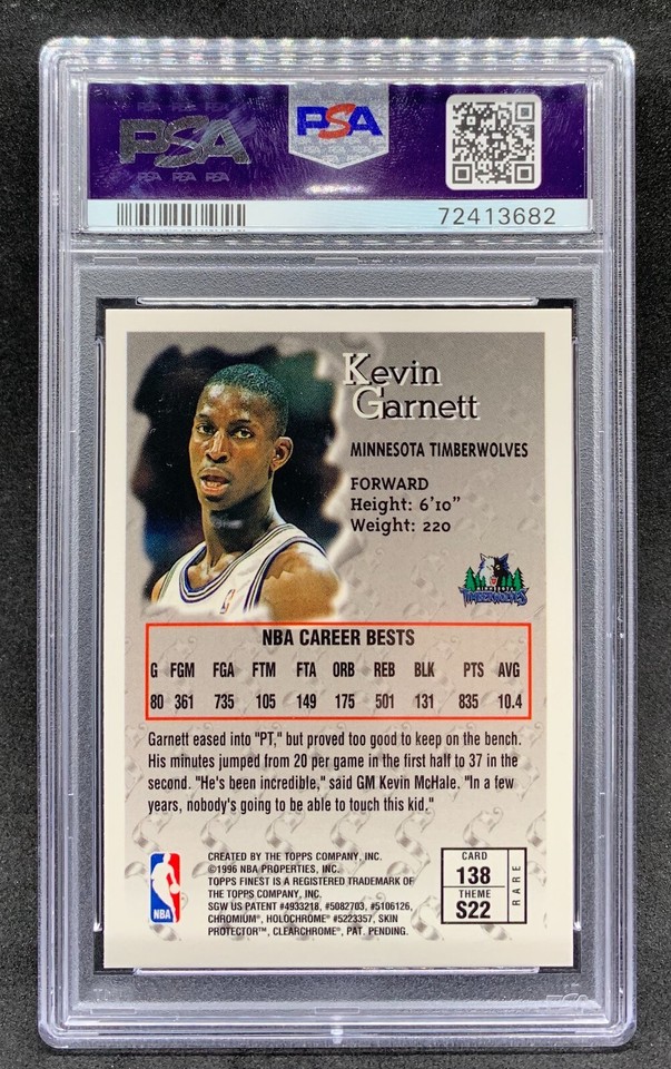 1996 Topps Finest KEVIN GARNETT Sterling Gold W/ Coating Rare SP #138 ...