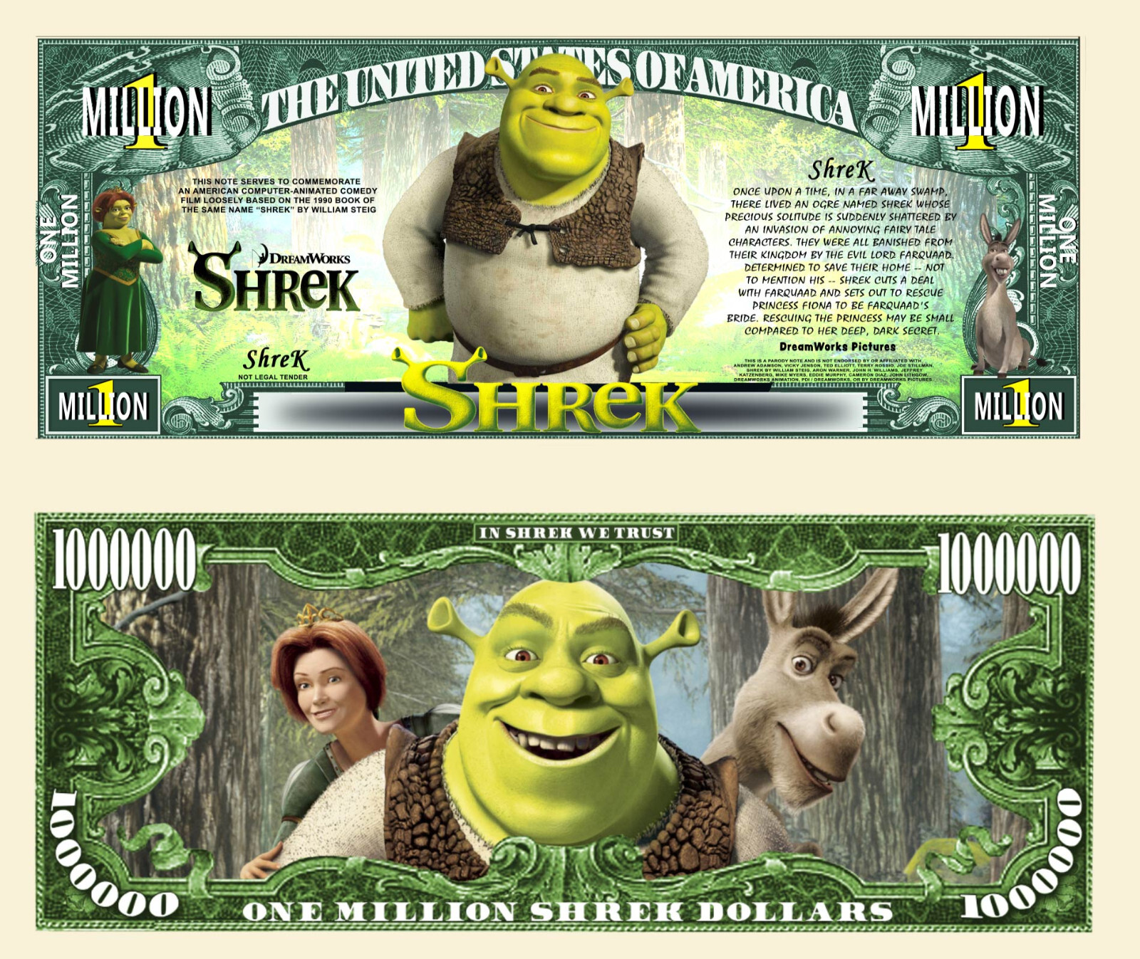 Shrek Million Dollar Bill Play Funny Money Novelty Note + FREE SLEEVE ...