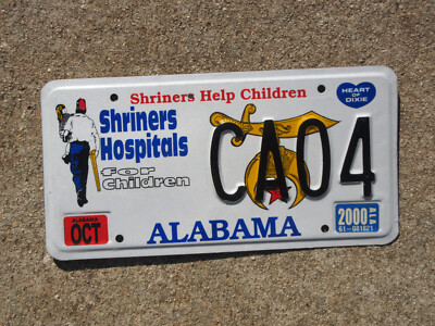 2000 Alabama Shriners Hospitals For Children License Plate CA04 Kid ...