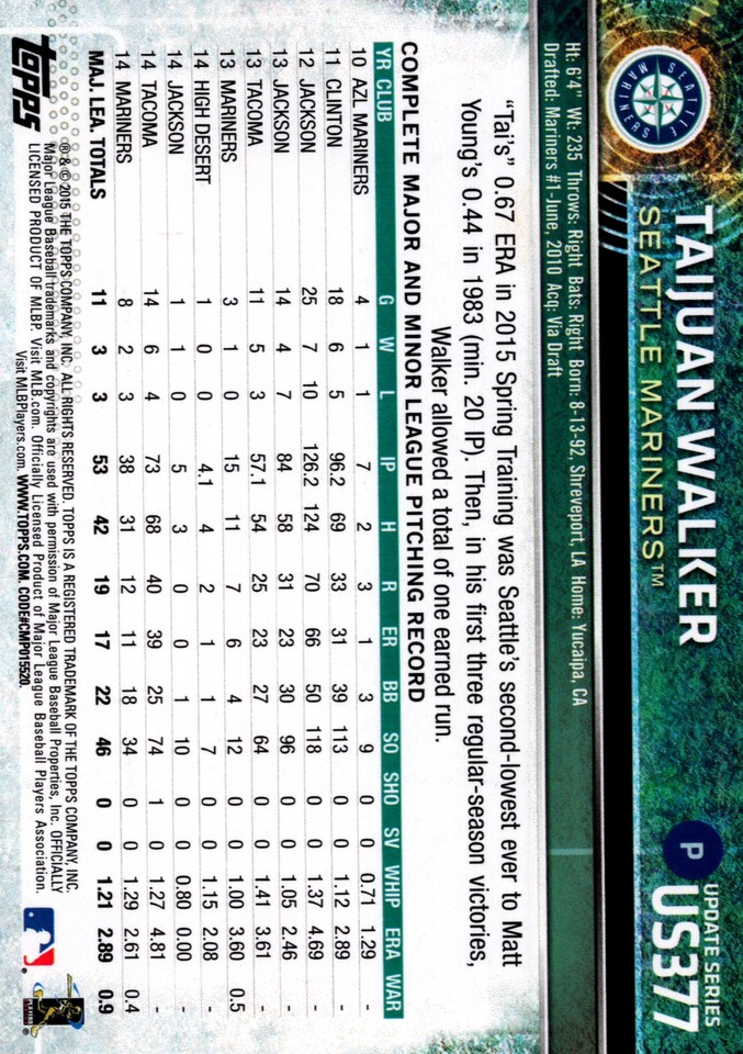 2015 Topps Update #US377 Taijuan Walker | eBay