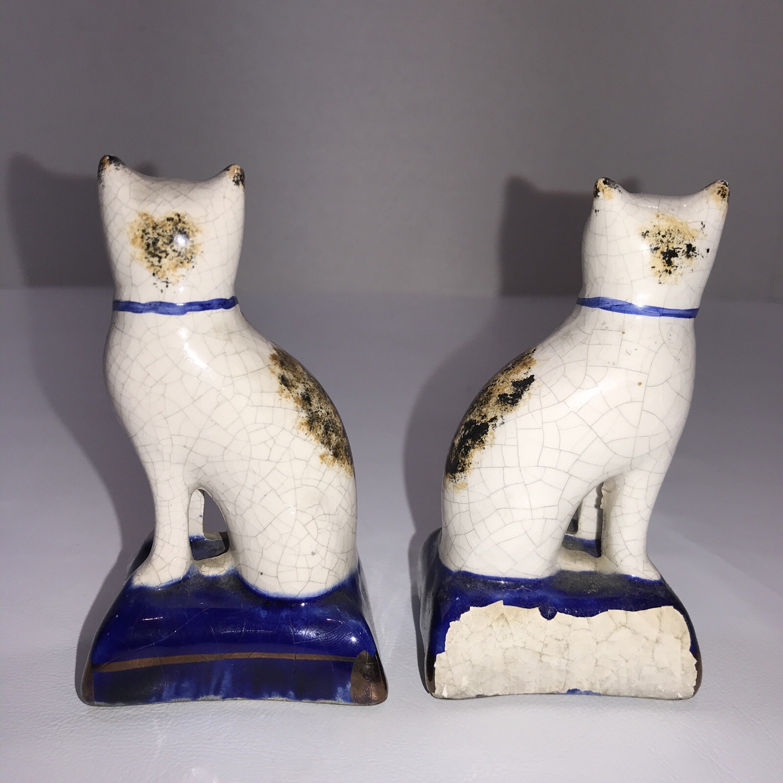 Antique Pair Of Staffordshire Calico Spongeware Cats Cobalt Blue ...