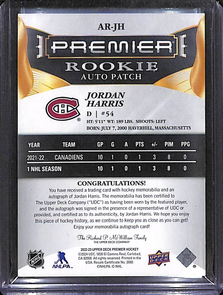 2022-23 Upper Deck Premier Rookie AUTO Patch #AR-JH Jordan Harris /249 ...