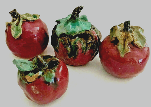 Lot 4 Artisan Handmade Pottery Art Clay Fruit Apples w/ Stems Leaves ...