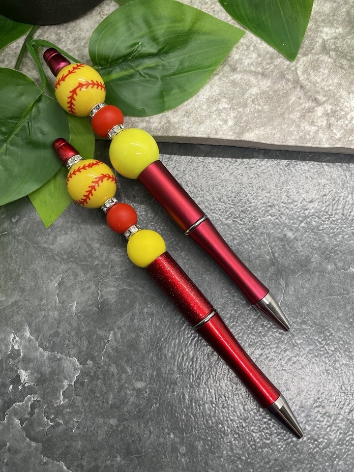 2 PC Handmade Silicone Bead & Rhinestone Black Ink Pen Set New Softball ...