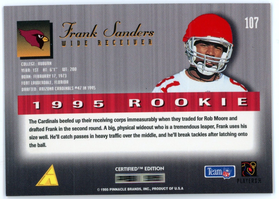 1995 Select Certified Edition Frank Sanders Card #107 Rookie RC | eBay