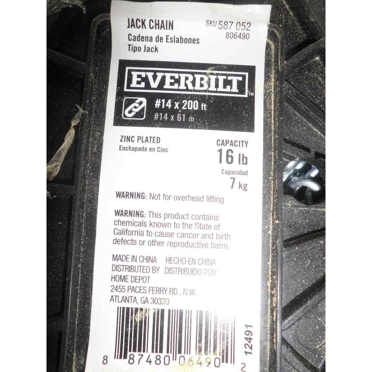Everbilt #14 x 10 ft. Zinc Plated Steel Jack Chain - 16 Lb. Capacity ...
