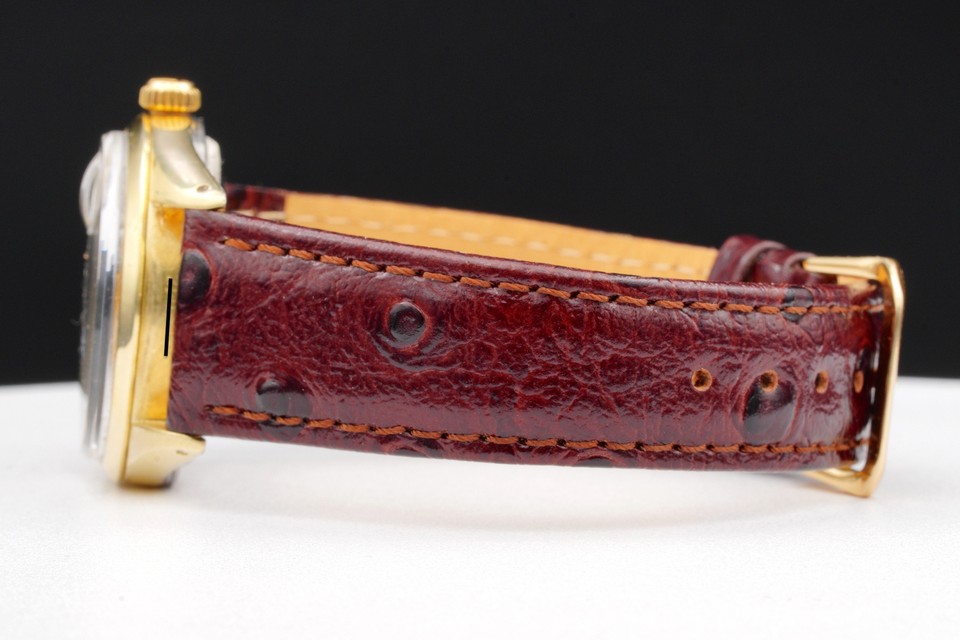 Rolex Date 1550 Mens 14K Gold Shell Watch Silver Dial Brown Leather ...