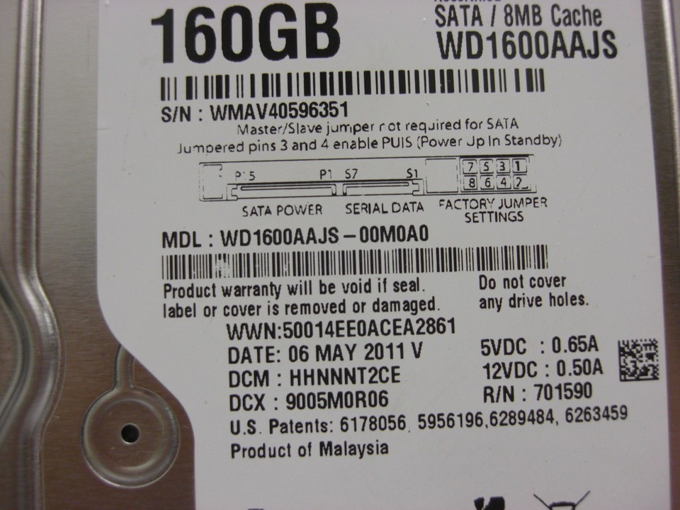 WESTERN DIGITAL WD1600AAJS-00M0A0 160GB RECERTIFIED SATA/8MB CACHE USED ...