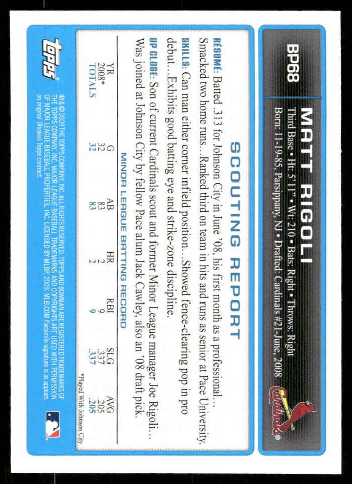 Matt Rigoli 2009 Bowman Prospects Gold #BP68 St. Louis Cardinals | eBay