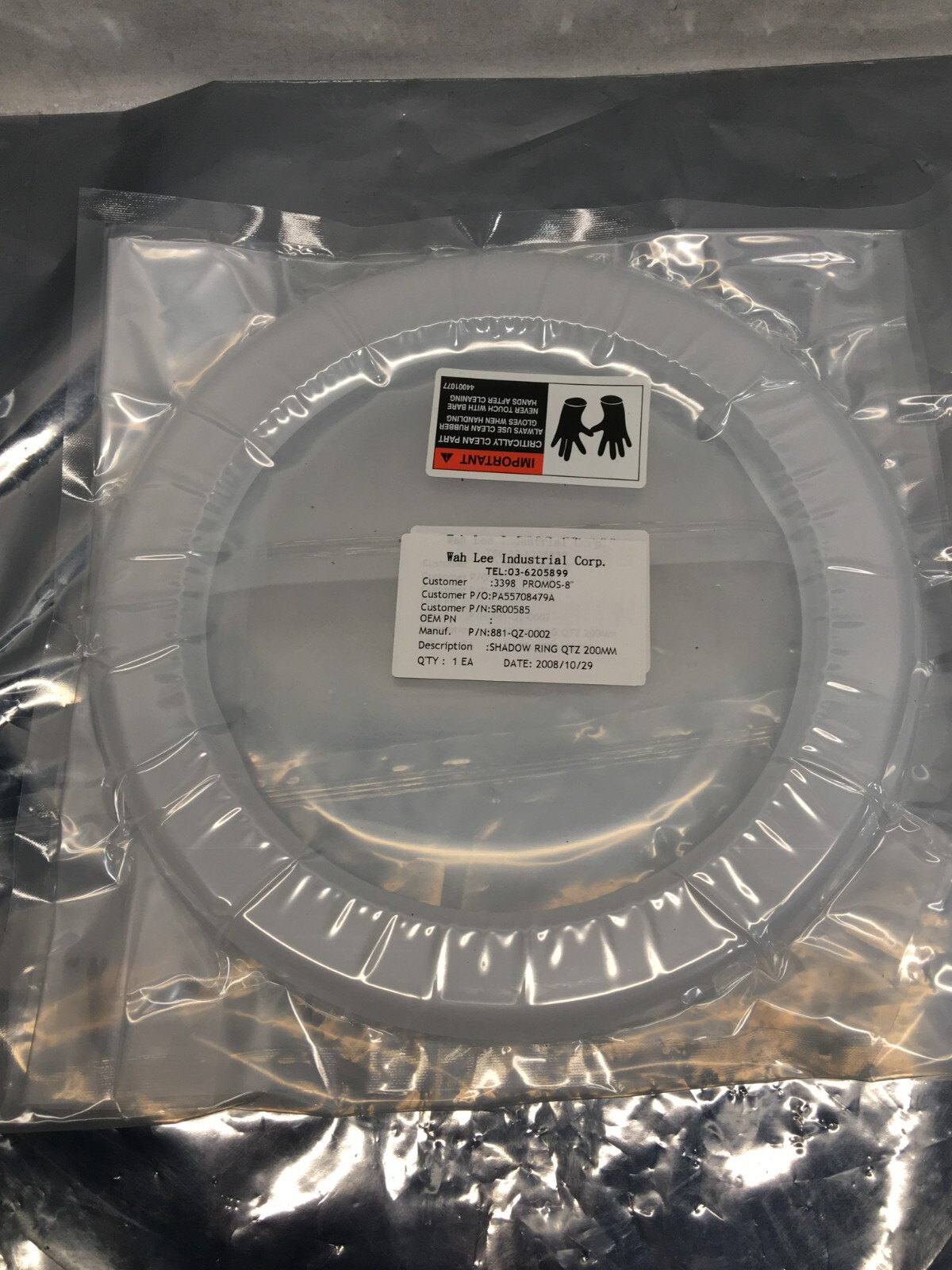 Wah Lee 881-QZ-0002 Shadow Ring, Quartz, 200mm Etch Chamber, MXP+, AMAT ...