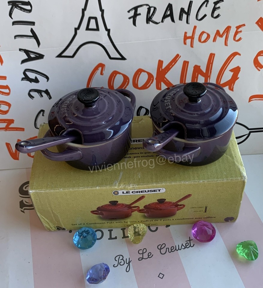 LE CREUSET CASSIS PURPLE MINI CONDIMENT POTS W/SPOONS SET of 2 ...