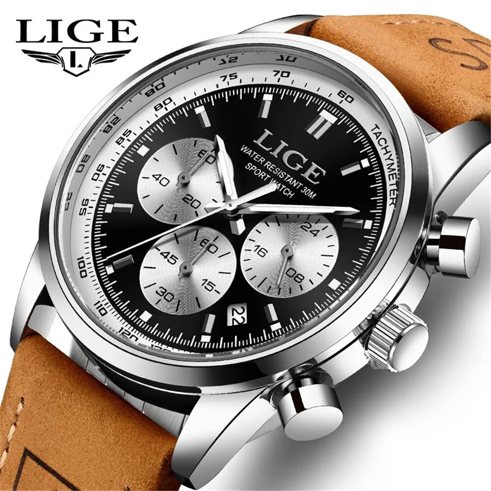 LIGE Men Watch Top Brand Luxury Military Leather Wristwatch Male Quartz ...