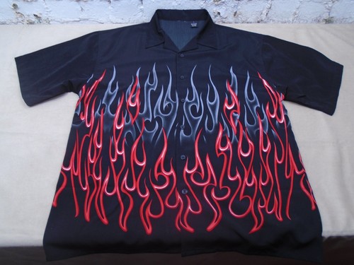 Vintage Authentic Shaolin Shirt Sz Large Red Biker AOP Button Up Flames ...